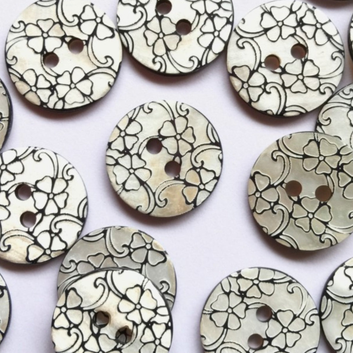 Textile Garden Buttons-2929-White Shell with Black Floral Design-18mm ...